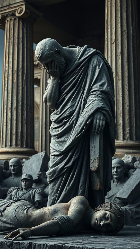 a ruined granite statue of an ancient Greek politician hanging his head ...