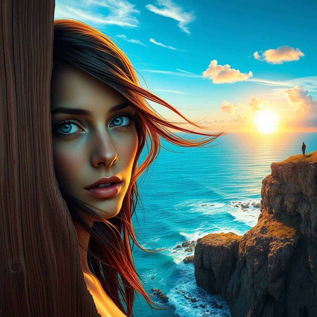 A surreal, hyper-detailed portrait of a woman’s face merging with a ...