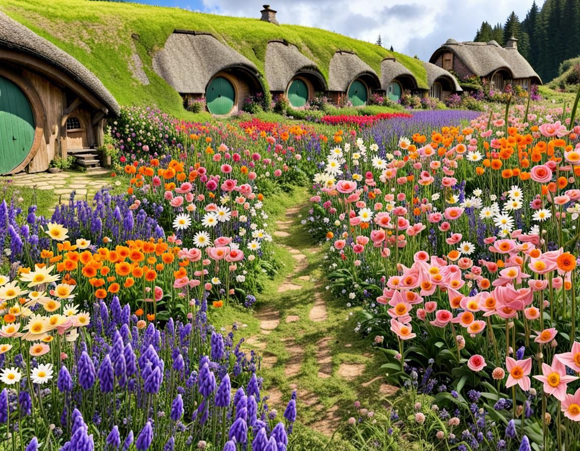 A field of beautiful flowers, in a Hobbit village - AI Generated ...