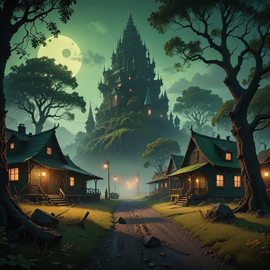 Eerie Emerald Village Haunted by Dark Presence - AI Art