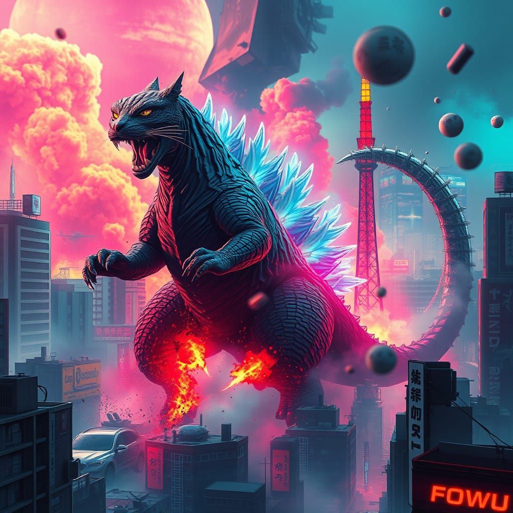 Godzilla wreaking havoc on Tokyo - Cyberpunk Cat Godzilla Ra...
