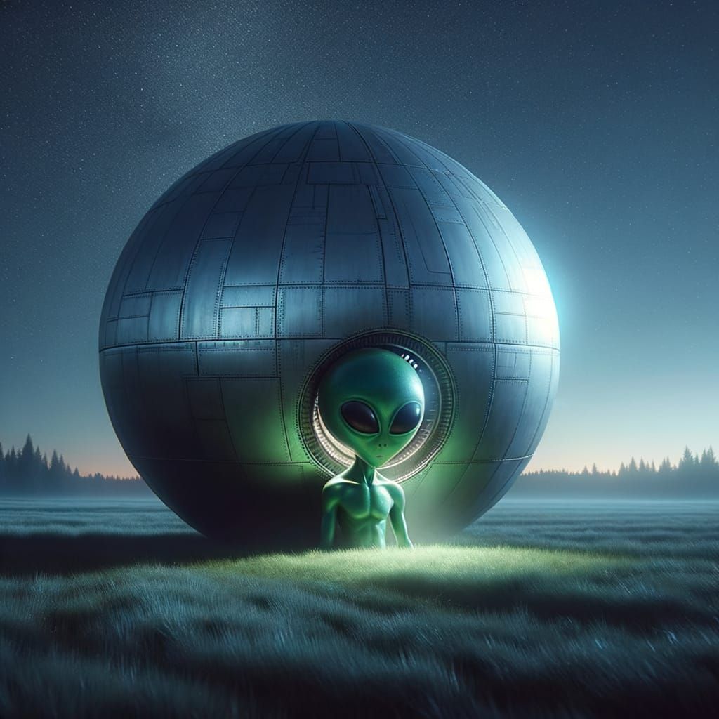 Cosmic Encounter: Alien Emerges from Spaceship Und... - AI Art