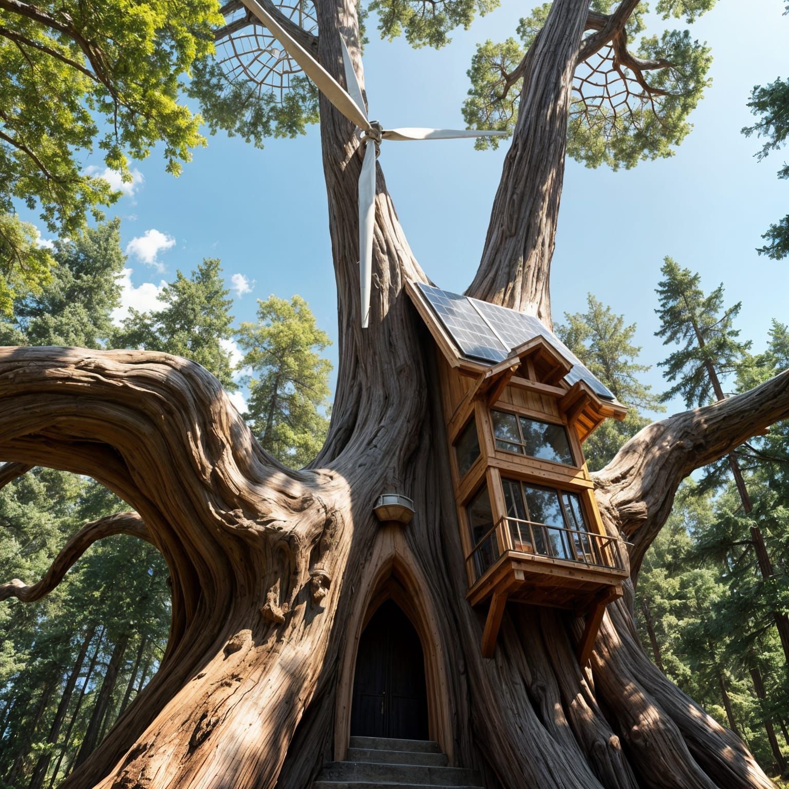 Sustainable Redwood Treehouse with Wind Turbine an... - AI Art