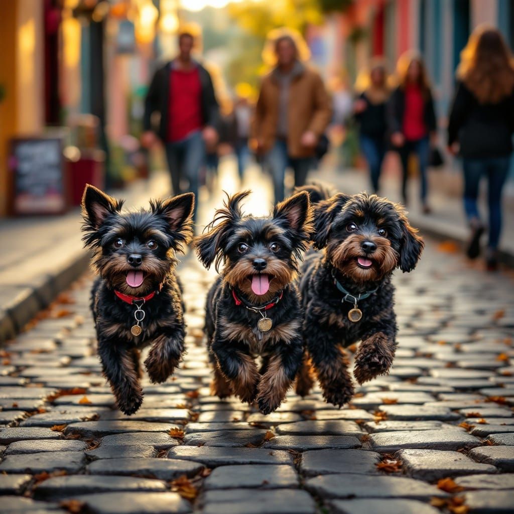 Three Small Black Dogs Frolic Down Cobblestone Str... - AI Art