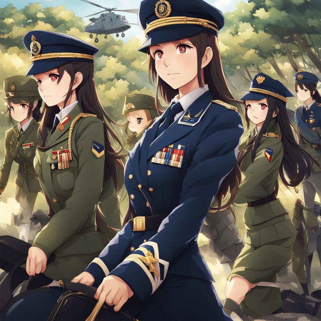 women in military uniform by artist "anime", Anime Key Visual, Japanese ...