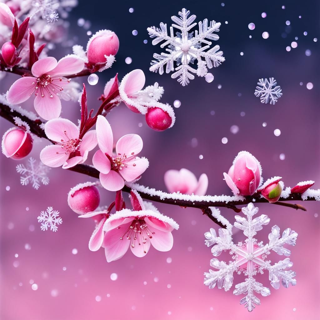 Beautiful pink & white blossom with snowflakes - AI Generated Artwork ...