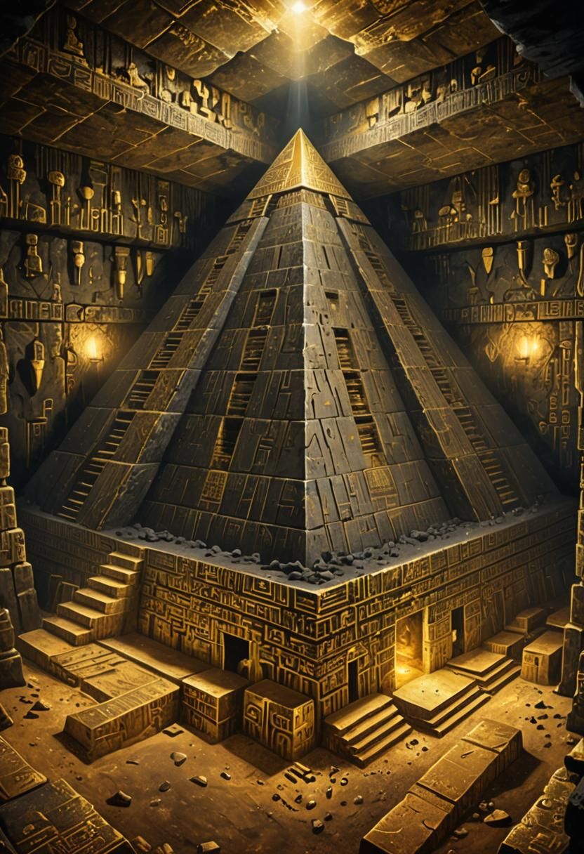 Pyramid made of shiny bright gold with 1 doorway, in a dark black cave ...