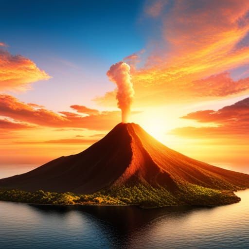A volcano on a tropical island orange and blue sky clouds crystal clear ...