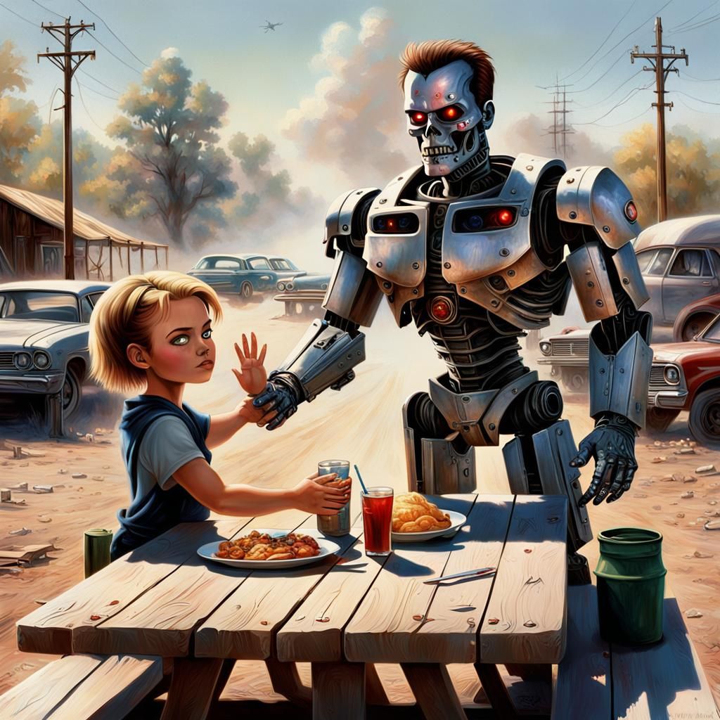 facing the viewer, Young John Connor teaching the Terminator mixed with ...