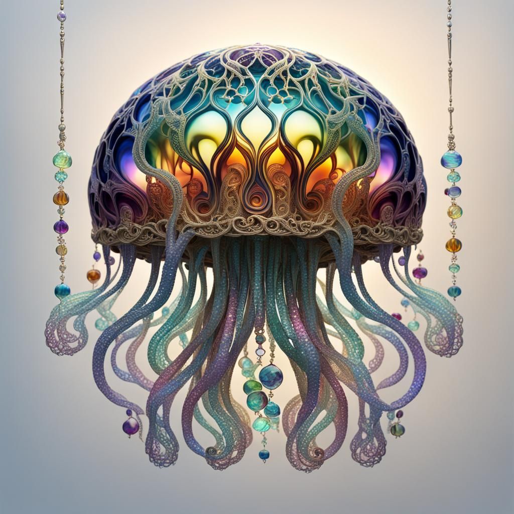 Fractal filigree jellyfish set with precious stones, flowing rainbow ...