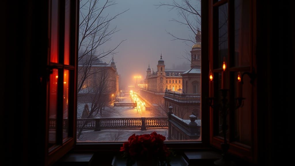 A view out of a window - Ethereal Winter Cityscape through a...