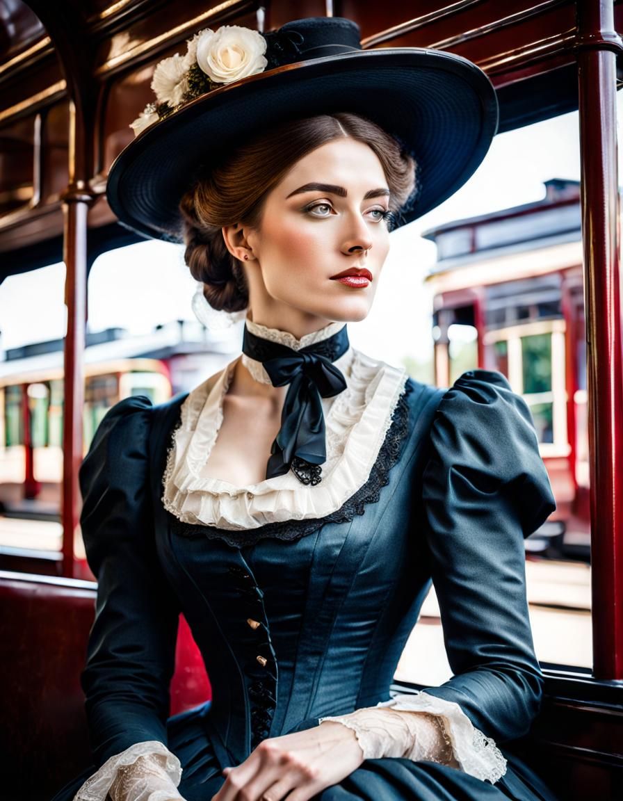 Beautiful young Victorian woman sitting on a streetcar, half body ...