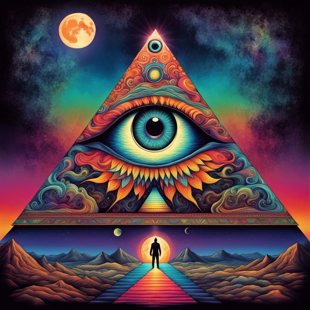 psychedelic colorful silhouette illuminati eye pyramid Man the moon ...
