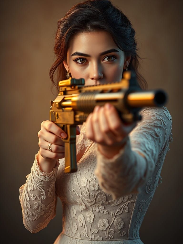 beautiful woman with machine gun - Woman in Lace Dress Hold...