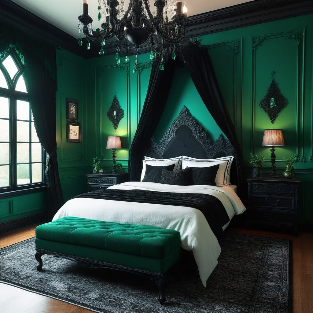 Emerald green Gothic bedroom with Emerald green walls with Black ...