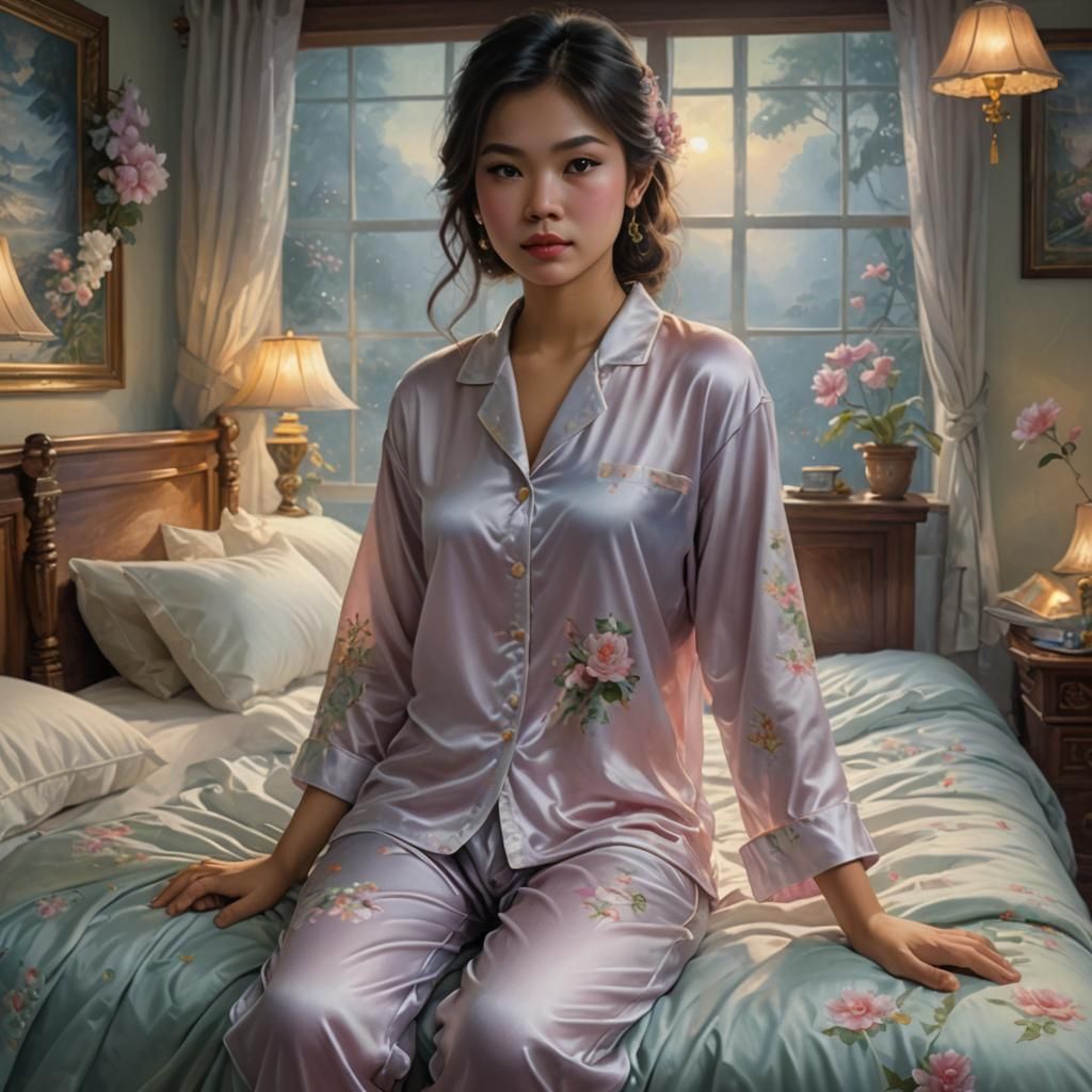 Thai woman in silk pyjamas in bedroom - AI Generated Artwork ...