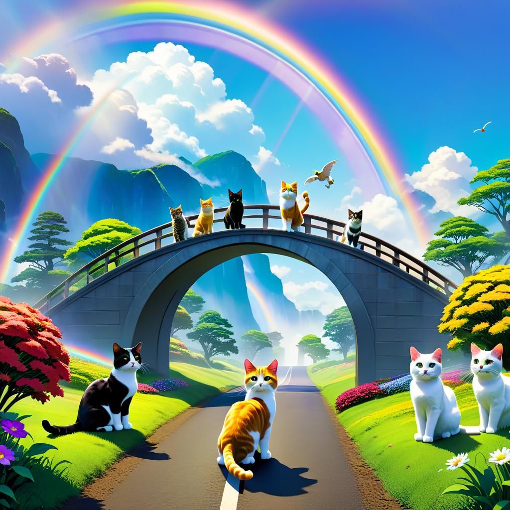 Cat crossing over the Rainbow Bridge and being greeted by many cats ...