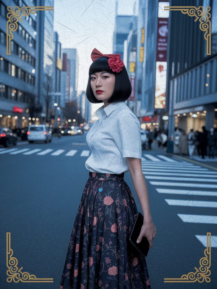 Elegant Asian Woman on Tokyo Street in Golden Orna... - AI Art