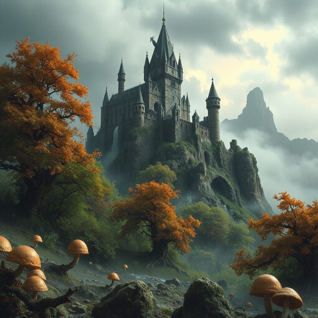 Castle fantasy landscape - Ethereal Castle Amidst a Misty Fo...