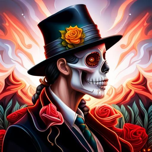 Catrina Dapper Skull with an rose fire flames around in a graveyard ...