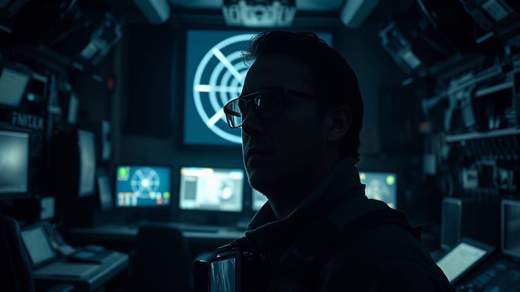 Soldier in Tactical Gear, Silhouetted Against Mili... - AI Art