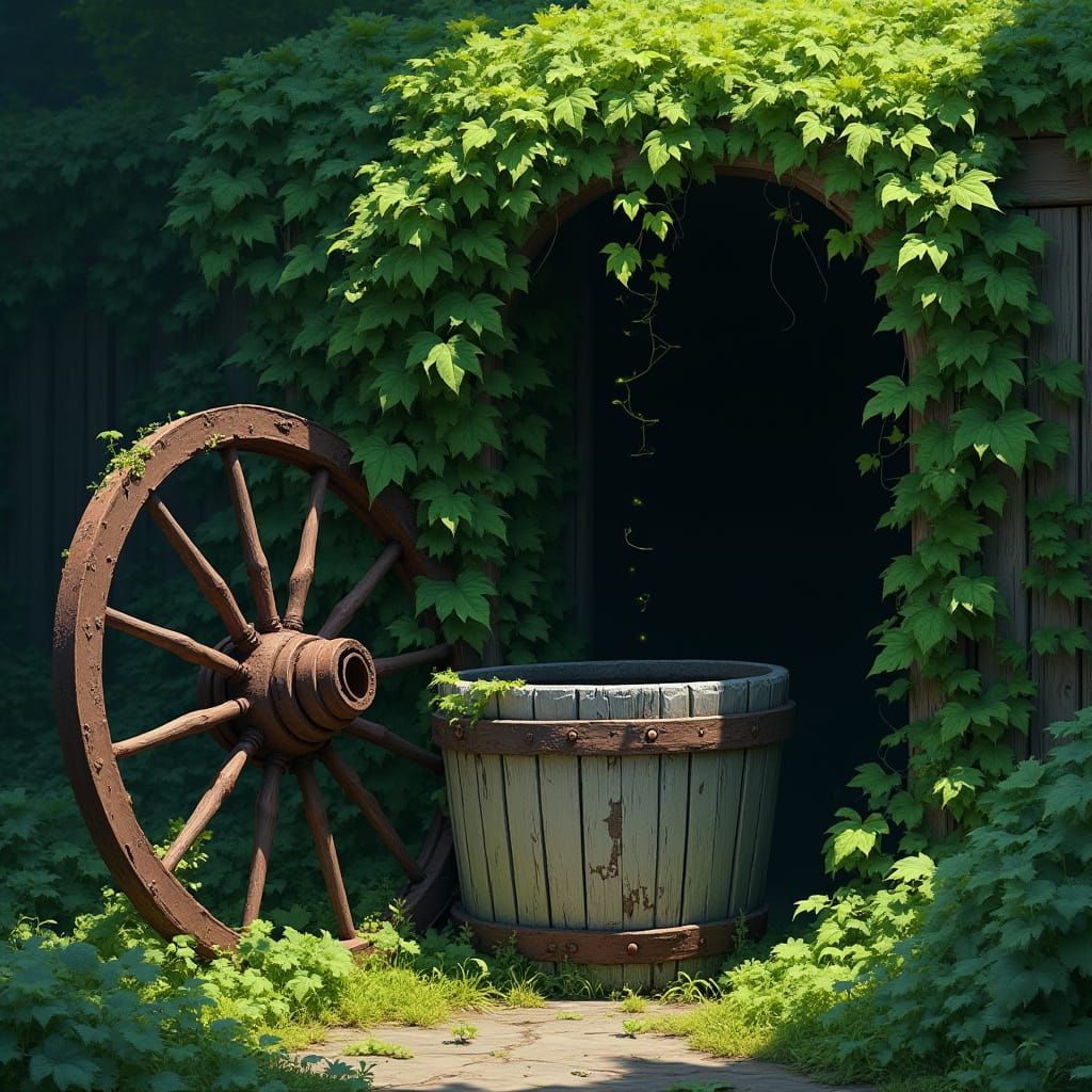 Ancient Water Bucket and Wagon Wheel Overgrown wit... - AI Art