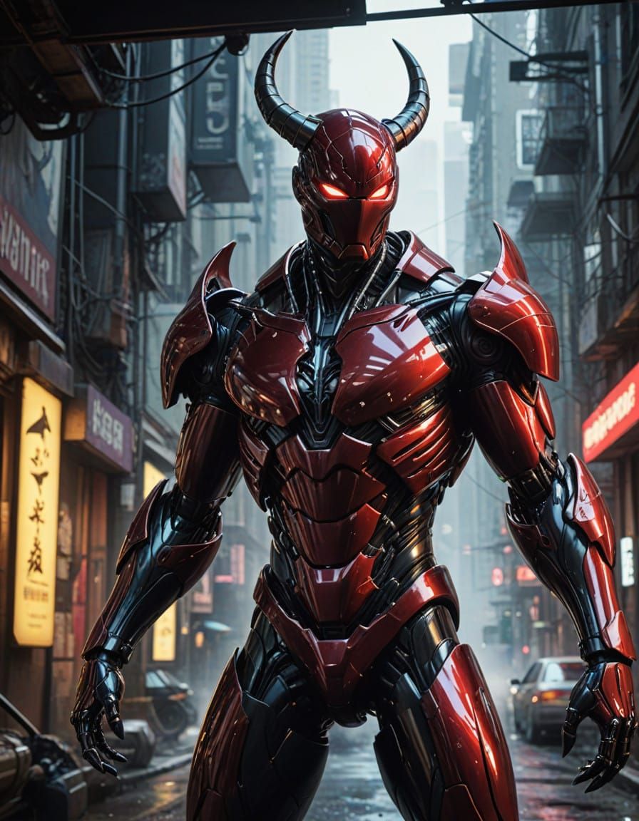 Surreal, Hyper-Realistic Horned Symbiote Exoskelet... - AI Art