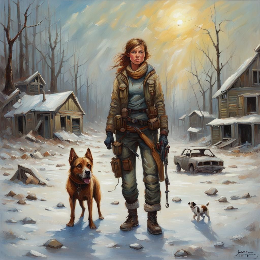 Girl and her dog in a post apocalypse winter wonderland wasteland - AI ...