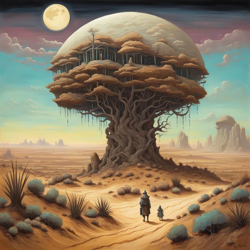 "Vaporwave Desert Landscape" oil painting (by Gris Grimly/Tim Burton ...
