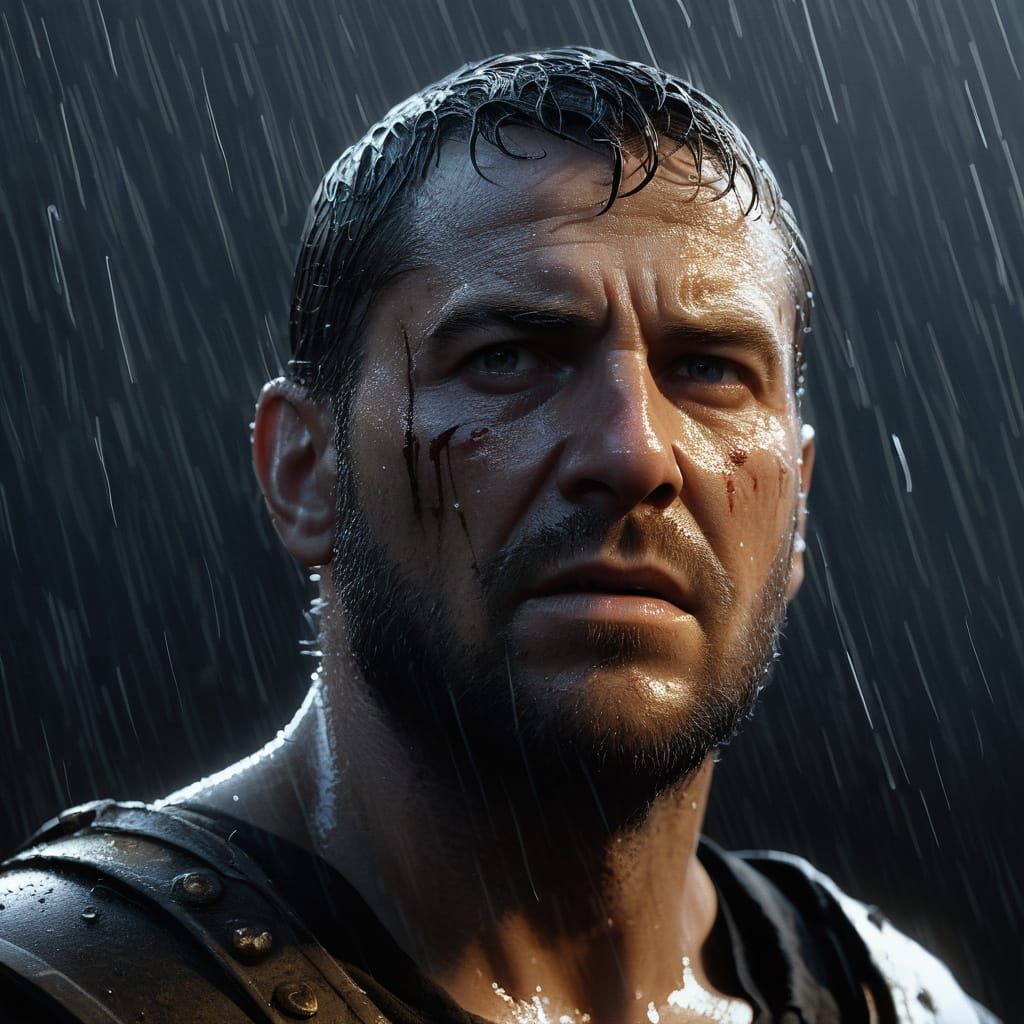 Warrior's Tormented Face in the Rain, Cinematic 8K - AI Art