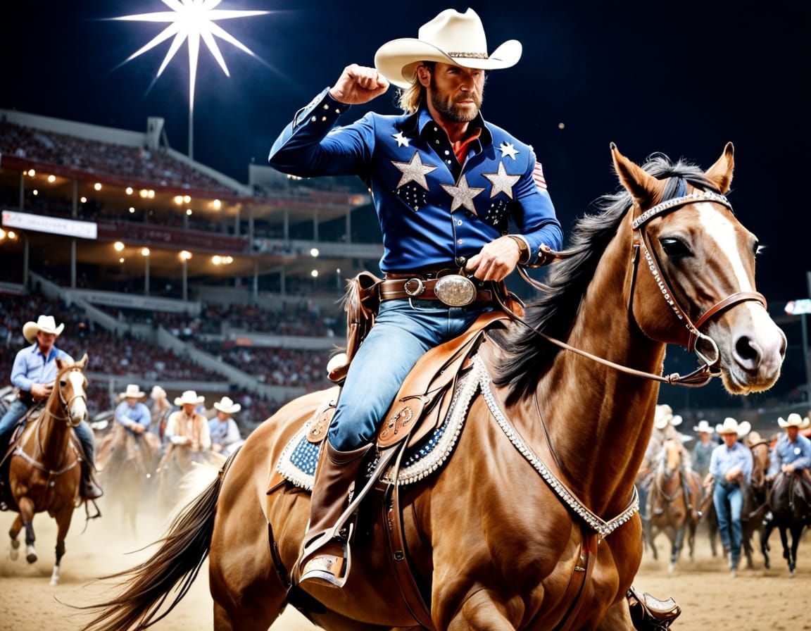 a Rhinestone Cowboy riding out on a horse in a star-spangled rodeo ...