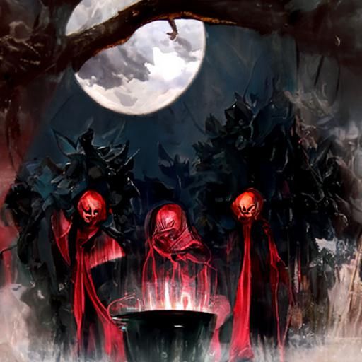 Witches brewing a potion in a cauldron under tall trees lit by a full ...