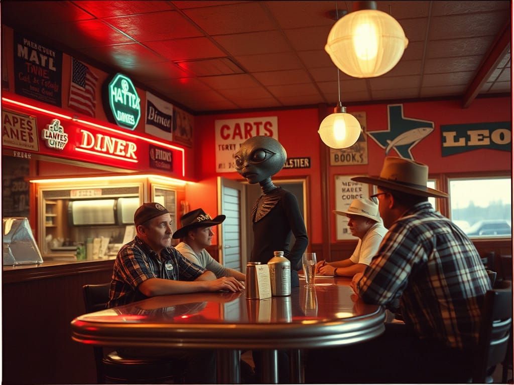 Cheap diner in some Texas little town, several redneck visitors at the ...