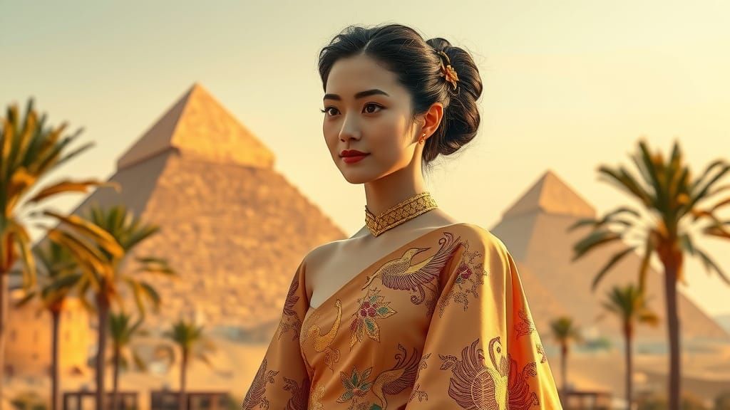 Elegant Asian Woman Before Pyramids in Golden Fili... - AI Art
