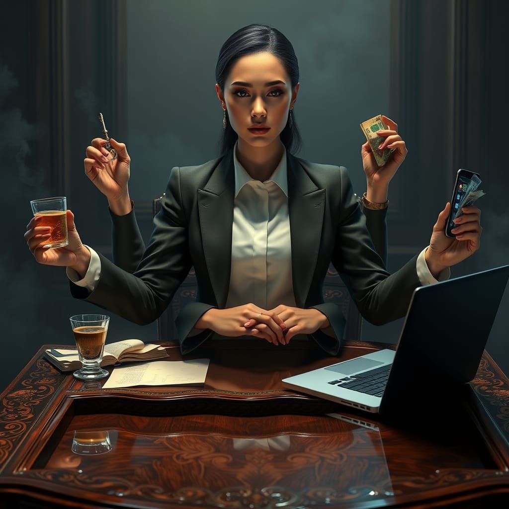 Woman with Six Hands Holds Daily Essentials in Ele... - AI Art