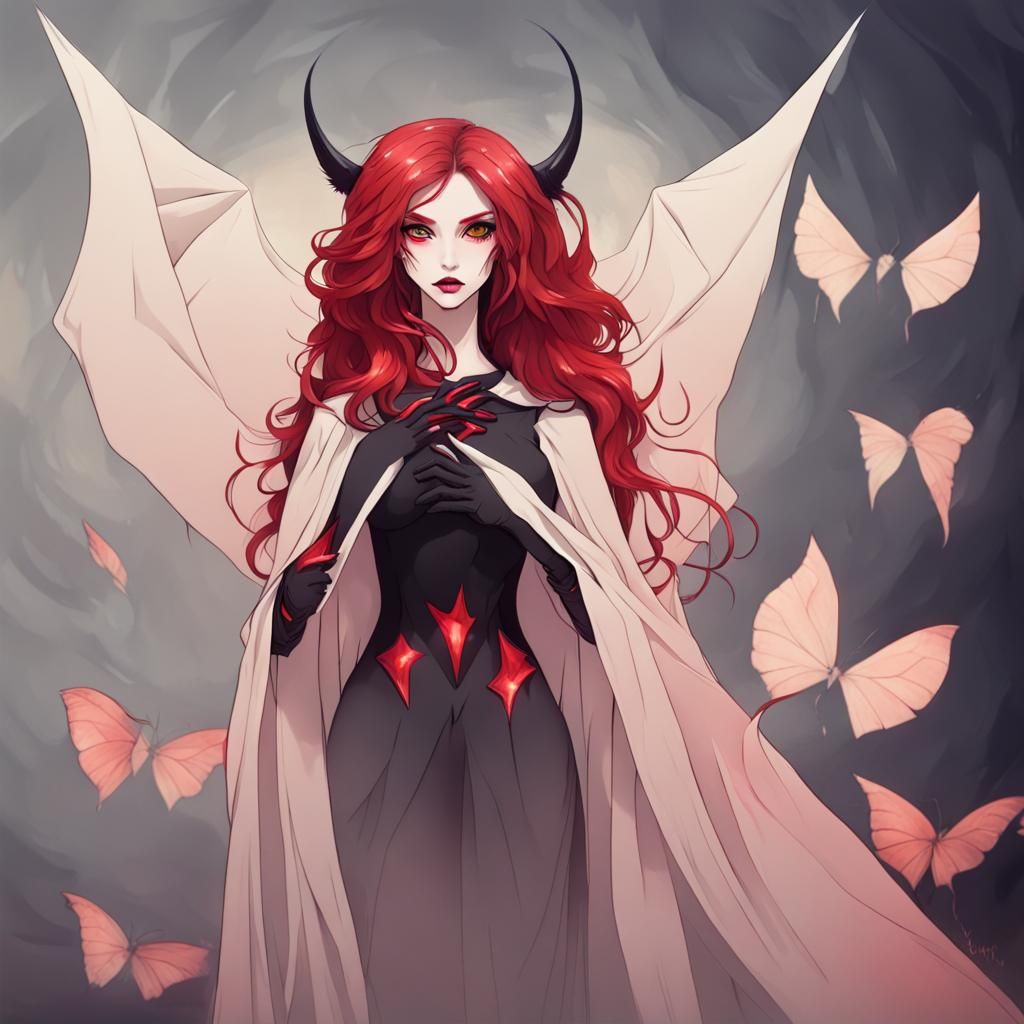 Beautiful, modest demon lady with red eyes, red hair and black cape ...