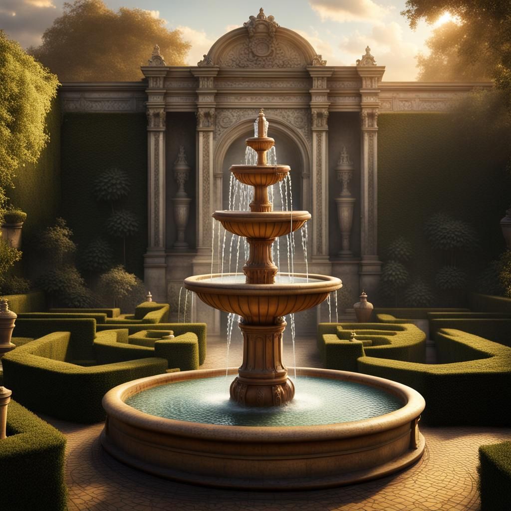 A Louis IVX water fountain in a Versailles maze - AI Generated Artwork ...