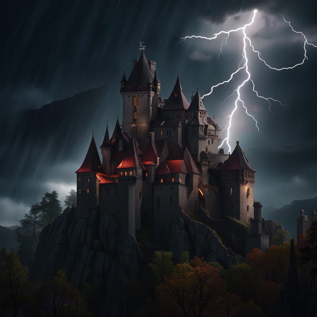 Dracula's castle in the middle of a lightening storm, lightening ...