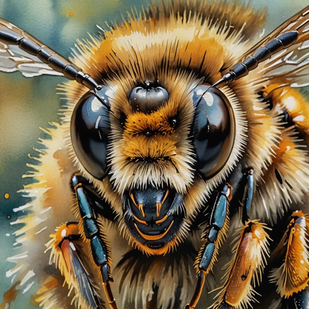 Macro photography. Close up of a fuzzy honey bee face looking directly ...