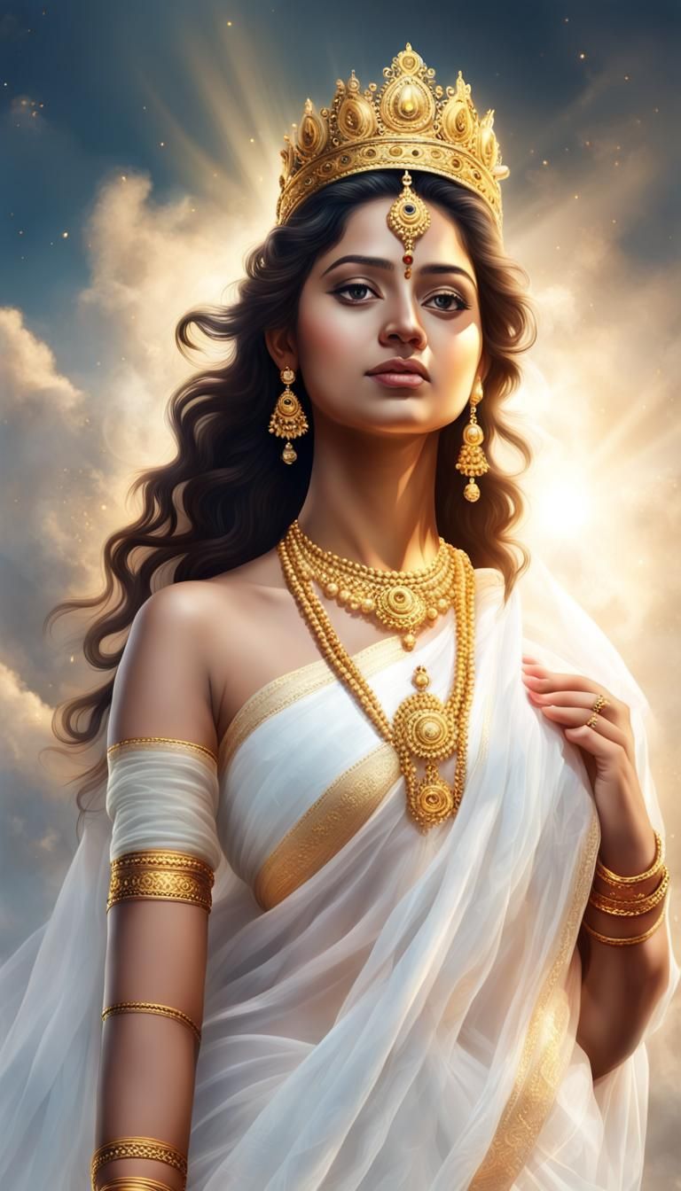 Radiant heavenly supreme Bengali goddess in a white dress. Beautiful ...