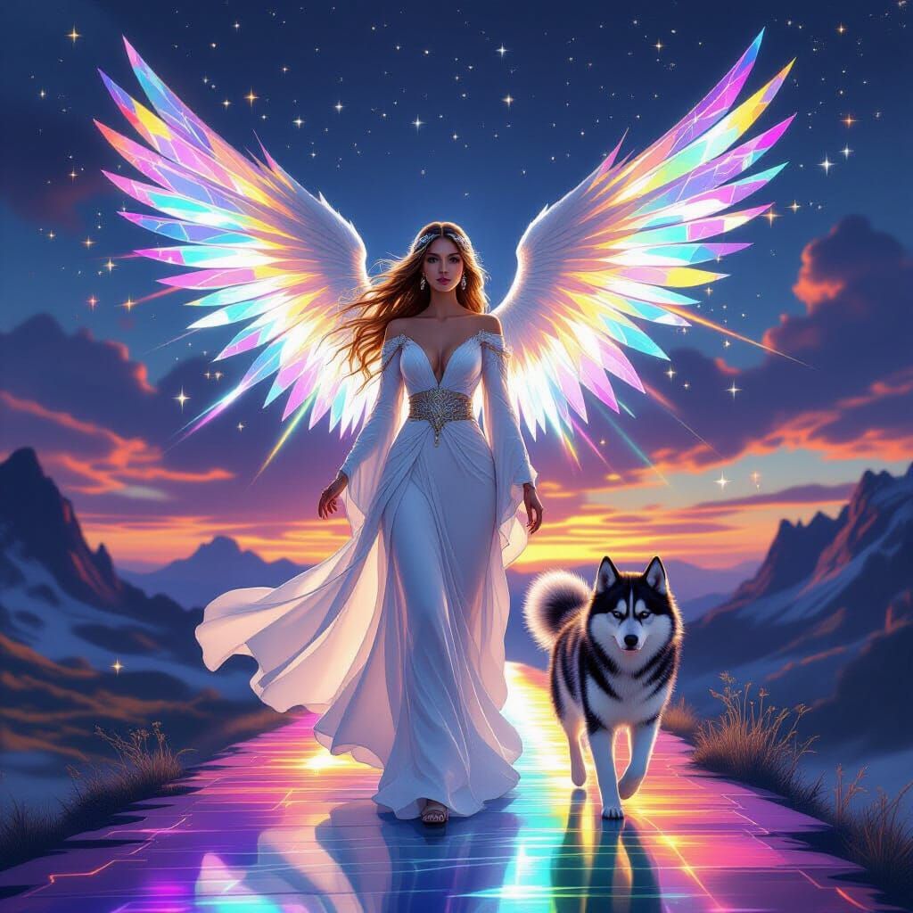 Guardian of the Rainbow Bridge - Angel Leads Husky on Rainbo...