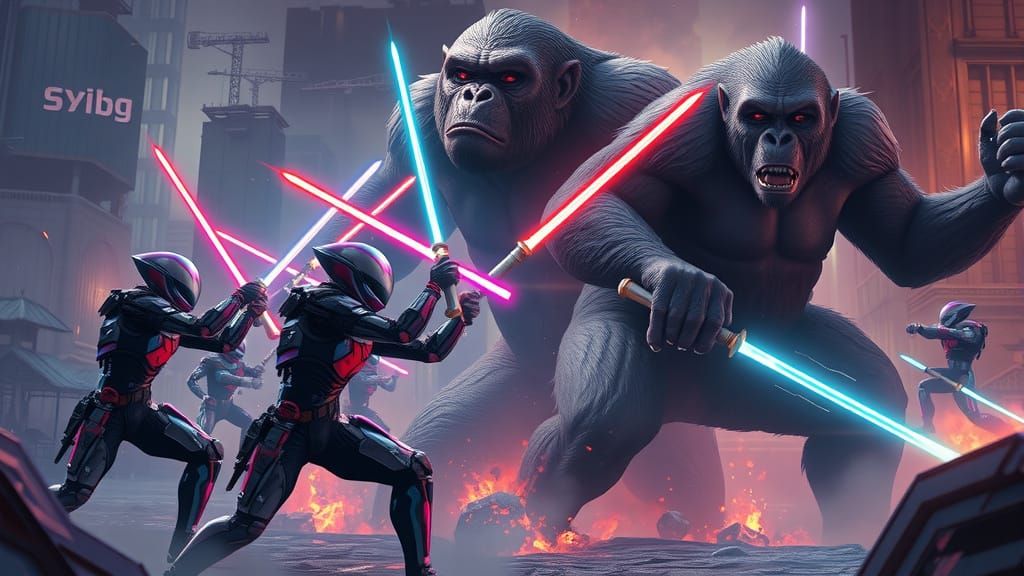 Aliens vs Apes - Cyberpunk Aliens Clash with Towering Apes...