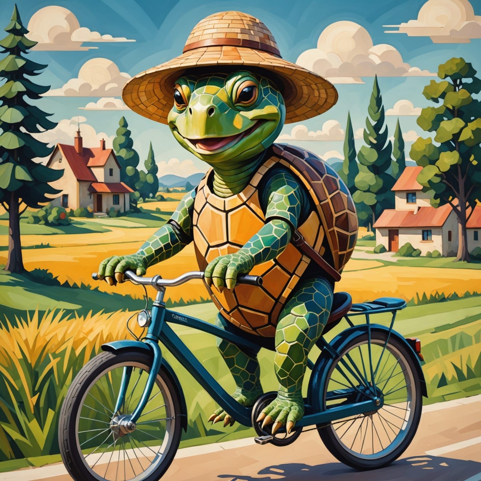 Realistic oil painting. Cubism.A smiling turtle with a straw hat riding ...