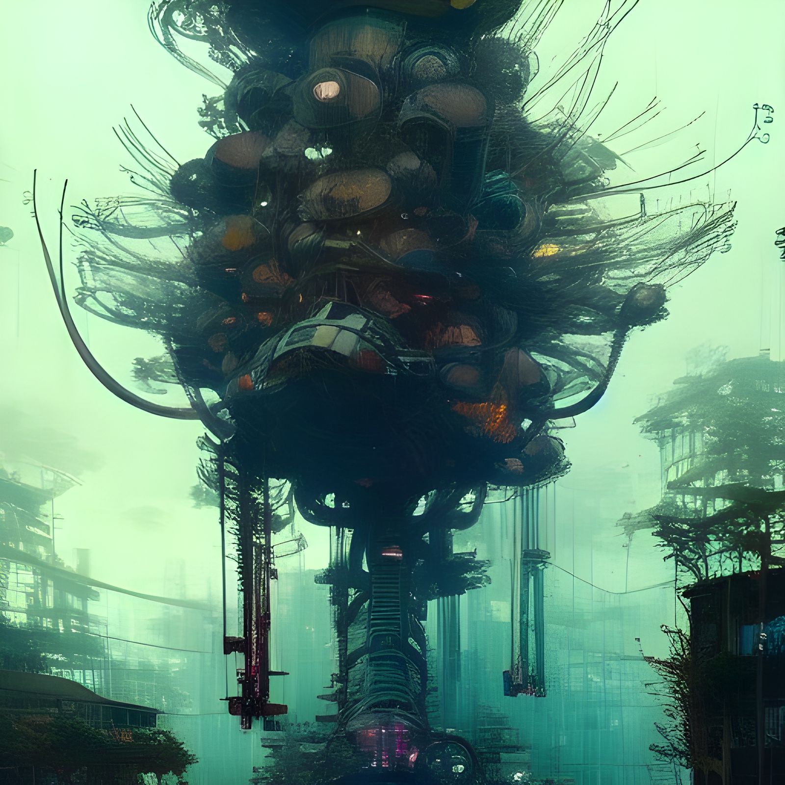 biopunk futuristic wooden tree house running on tentacle feet, an ...