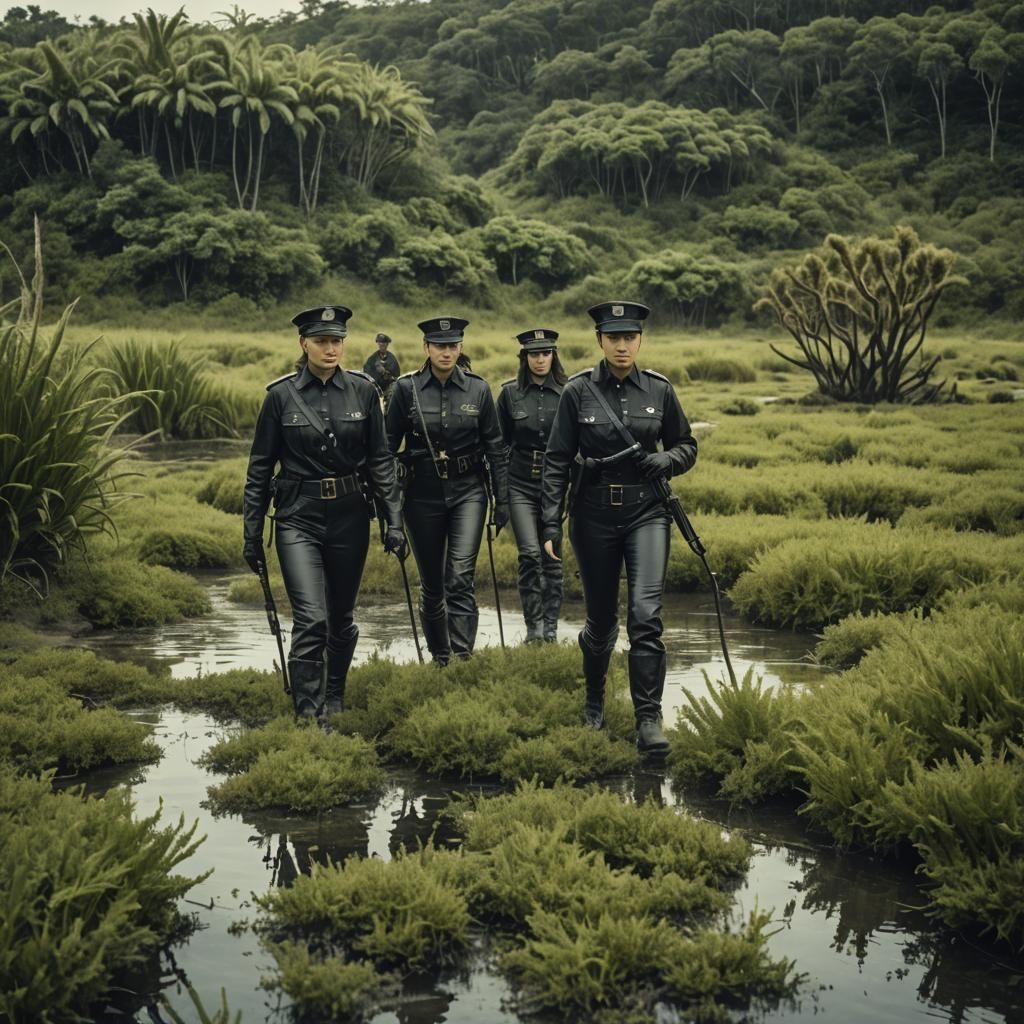Six statuesque female prison guards wearing black leather uniform and ...
