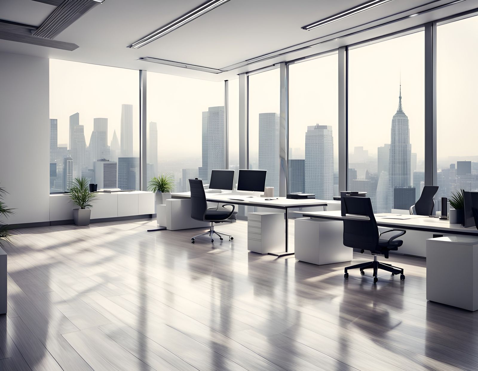 Contemporary office interior with cityscape Bright clean interior ...