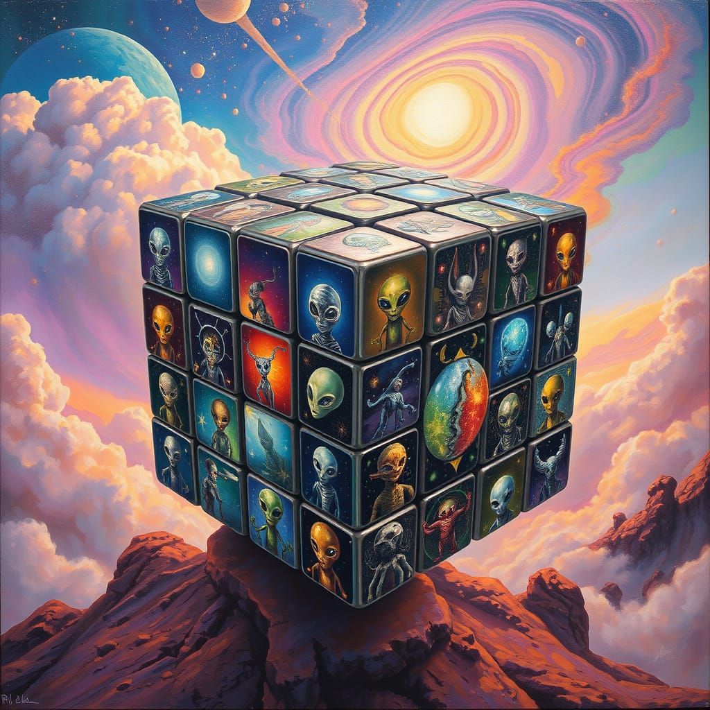 Alien mosaic Rubik's cube - Ethereal Cosmic Rubik's Cube in...