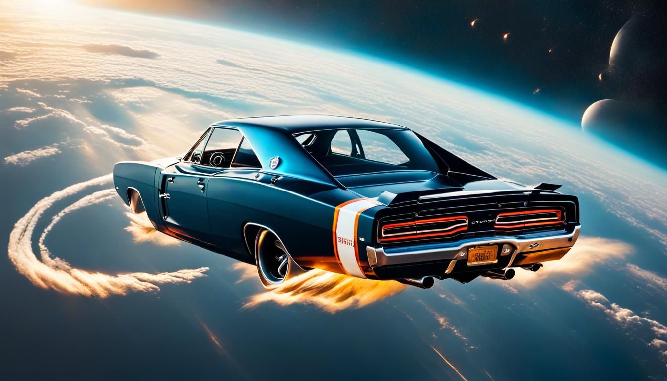 flying dodge charger with jet wings, flying in space above a galaxy ...