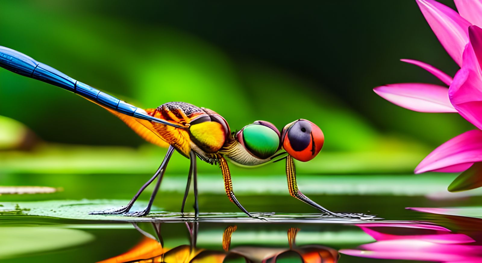 vibrantly colorful dragonfly hovering over a beautiful lilypad near a ...