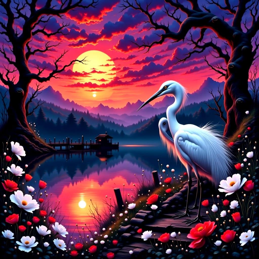 Elegant Sunset Scene with Majestic White Egret - AI Art